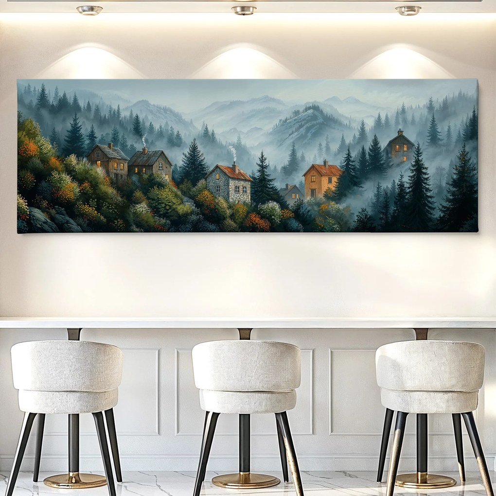 Obraz na plátně - Koutná pod Mlhovcem, vesnice, kopce, lesy FeelHappy.cz Velikost obrazu (šířka x výška): 240 x 80 cm