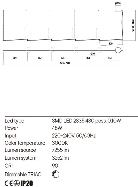 Redo Závěsné nastavitelné LED svítidlo Stick, max. 4290mm Barva: Mosaz