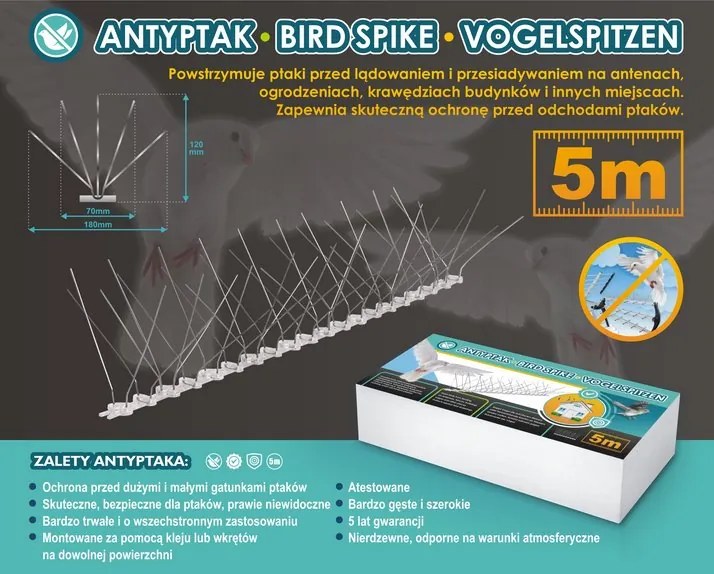 Ochranné hroty proti ptákům ANTYPTAK, 5 m