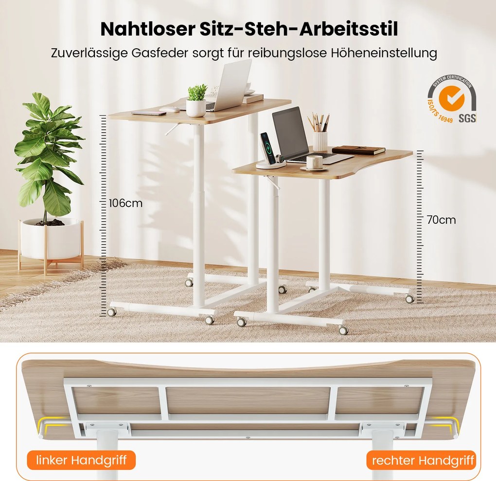 Costway Stůl ve tvaru C s kolečky 70-106 cm výškově nastavitelný stojící natural