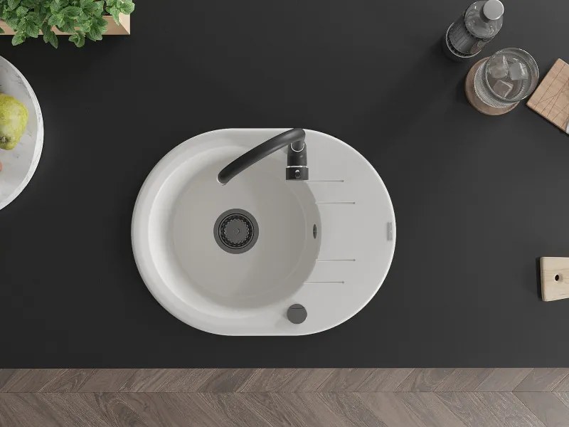 Mexen Kevin, granitový dřez 586x458x190 mm, 1-komorový, bílá s černým sifonem, 6517581005-20-B