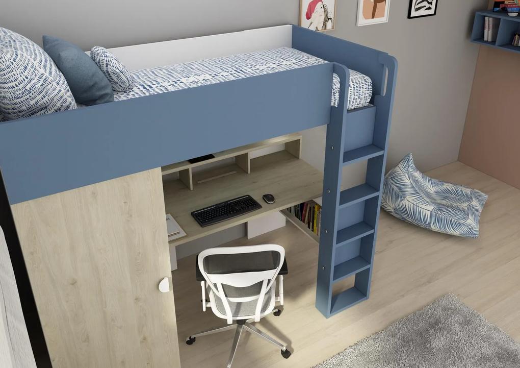 Aldo Vyvýšená postel s psacím stolem Flow - modrá