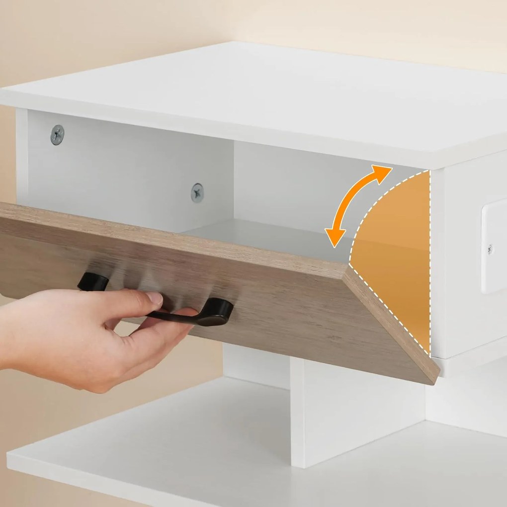 Závěsný noční stolek Verimi s nabíjecí stanicí 38 cm bílý/hnědý