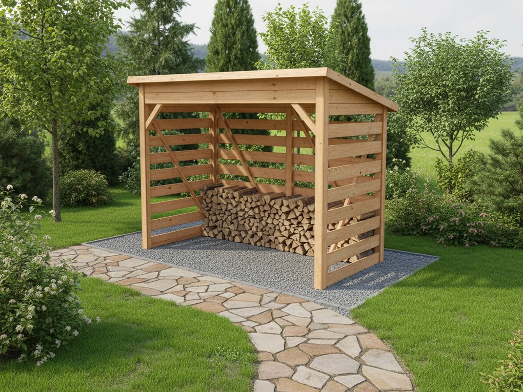 Dřevník 5-Kubík - Premium, barva natur, (1,49 x 2,7 m), DREVNIK9 - nejzahradnidomek.cz