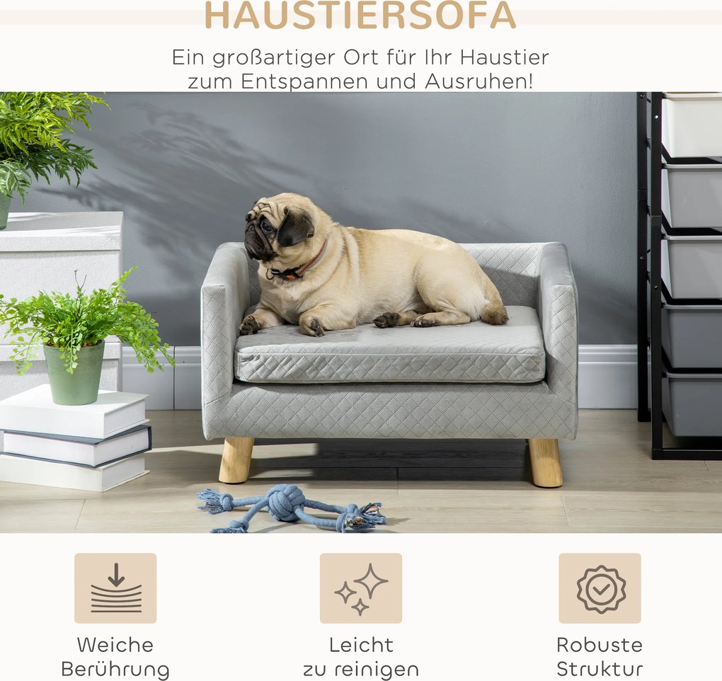 PawHut pohovka pro psy sametová dotyková pohovka pro malé psy do 8 kg s dřevěnými nohami šedá 64x45x36cm pro stylový nábytek pro domácí mazlíčky | Ao…