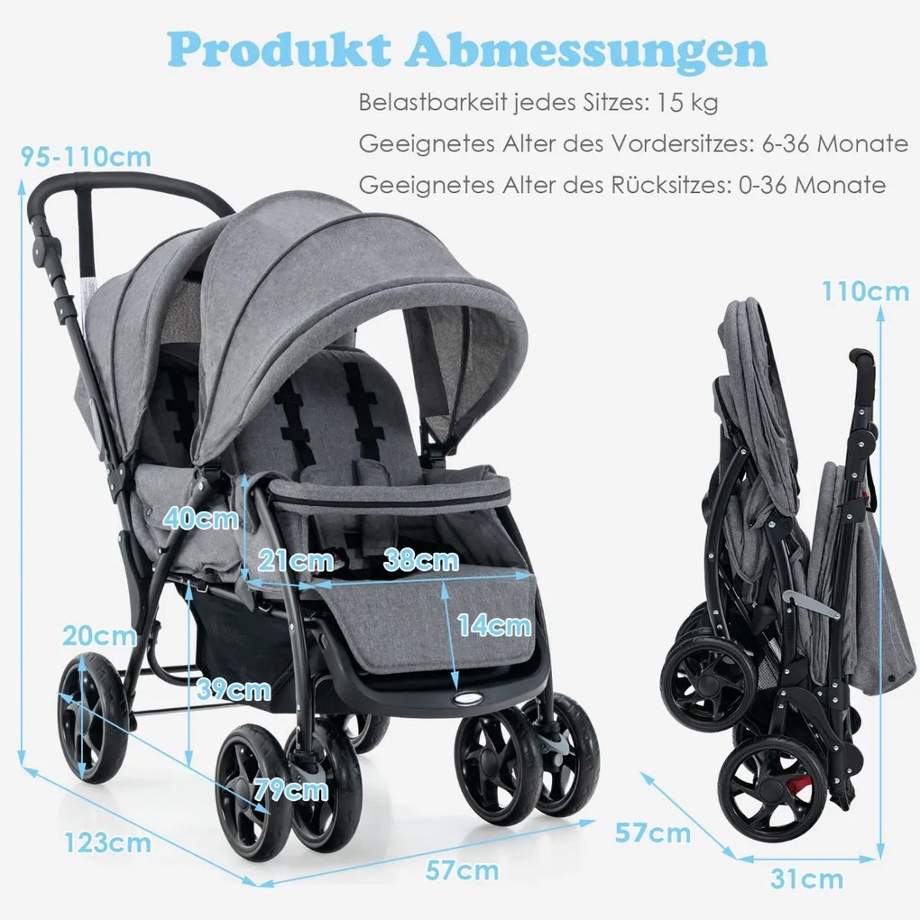 Costway Sourozenecký kočárek skládací sourozenecký kočárek twin