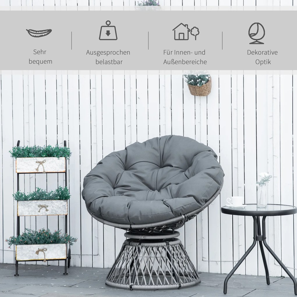 Outsunny Synthetic Rattan Otáčecí Papasan Křeslo Oválné Wicker PE Křeslo s Polštářem a Ocelovým Rámem Nosnost 160 kg pro Zahradu, Patio, Terasu 87x97…