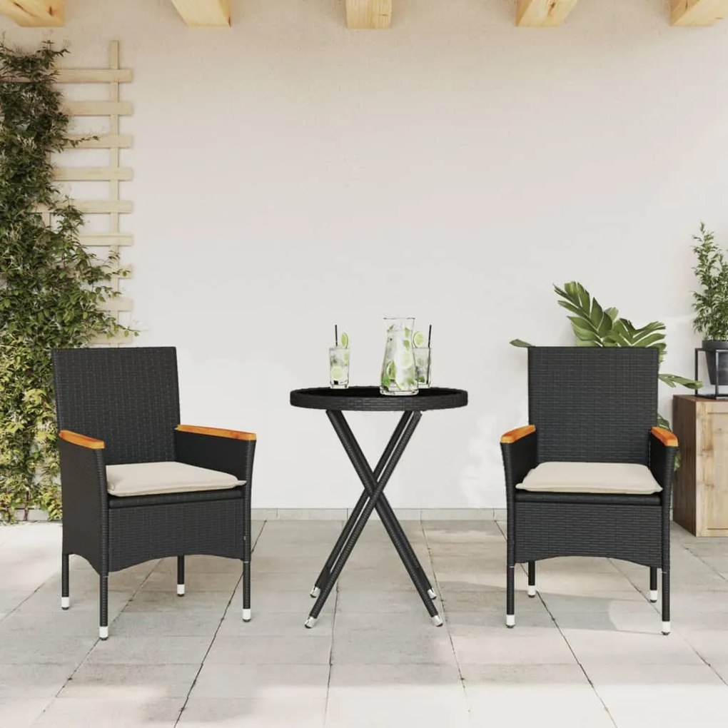 3dílný bistro set s poduškami černý polyratan a sklo 3278753