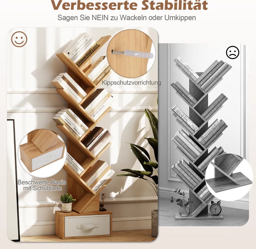 Costway 10 Tier Tree Bookshell se zásuvkovou podlahou Stojací úložná police