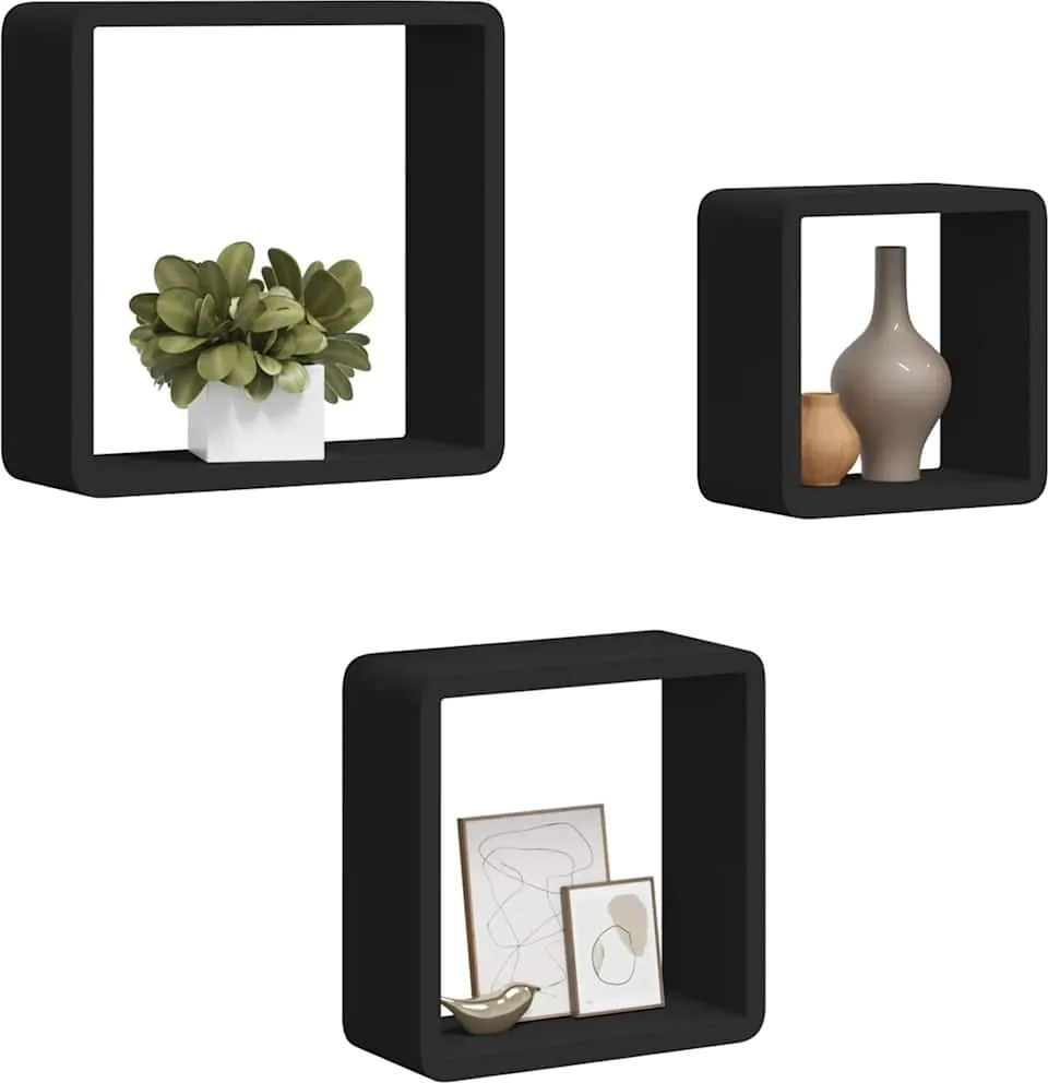 Nástěnné police kostky 3 ks černé MDF 323953