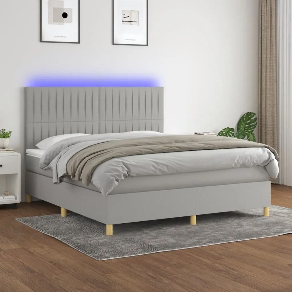 Box spring postel s matrací a LED světle šedá 180x200 cm textil