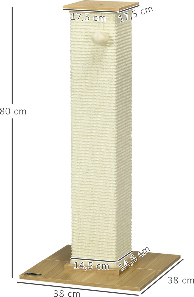 PawHut škrabadlo pro kočky 38L x 38W x 80H cm stabilní a bezpečné se škrabací deskou hracími míčky ze sisalu dub krémově bílý úspora místa | Aosom.de