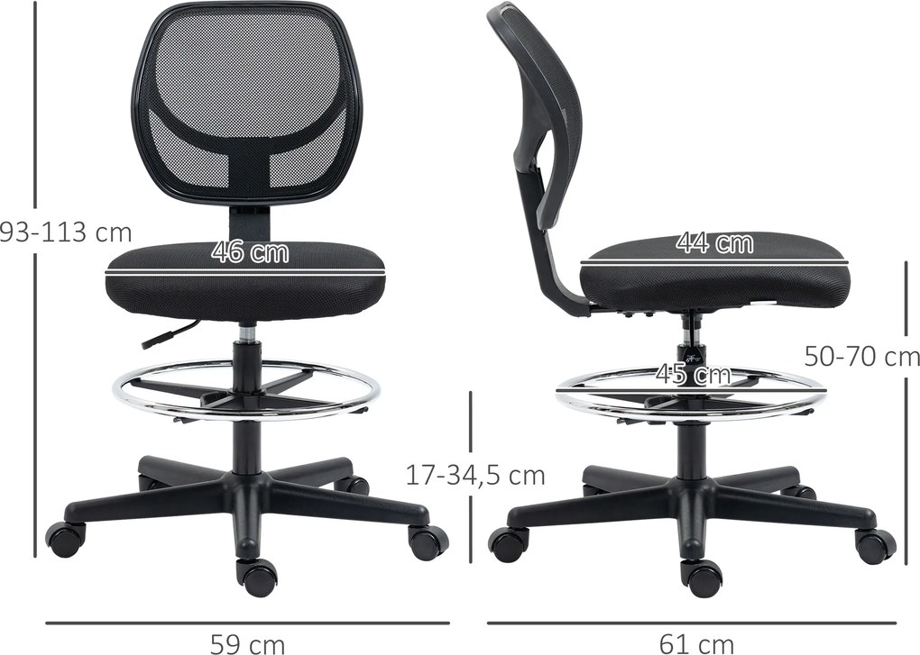 Kancelářská stojací židle Vinsetto, výškově nastavitelná ergonomická kancelářská židle, otočná židle s nastavitelnou opěrkou nohou, černá pro pohodln…