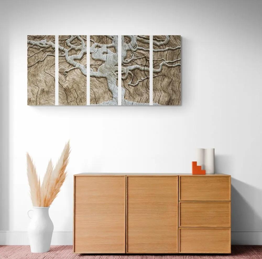 5-dílný obraz abstraktní strom na dřevě v béžovém provedení - 200x100 cm