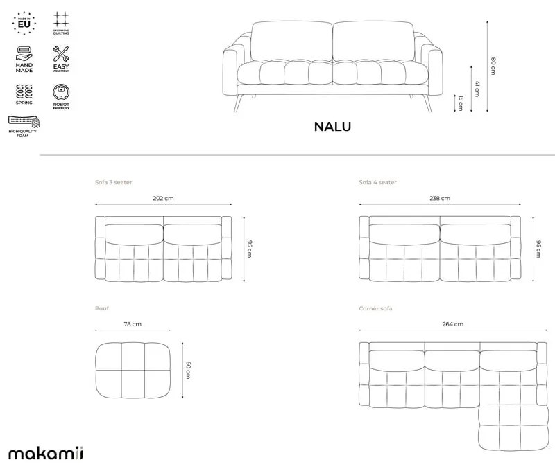 Béžová sametová rohová pohovka (levý roh) Nalu – Makamii