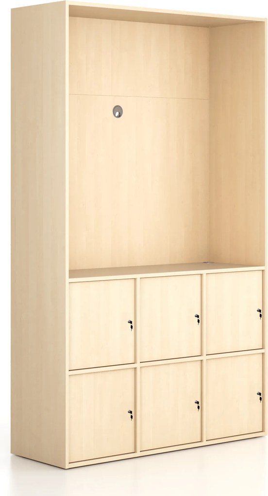 Kancelářská skříň FRAME, 6x dveře, prostor pro TV, 1299 x 450 x 2162 mm, cylindrický zámek, bříza