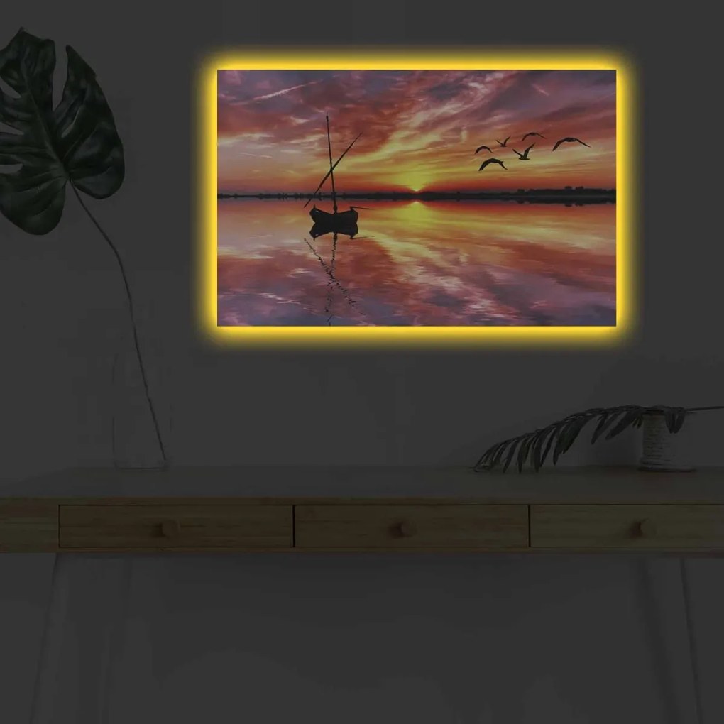 Obraz s LED osvětlením LOĎKA V ZÁPADU SLUNCE 43 45 x 70 cm