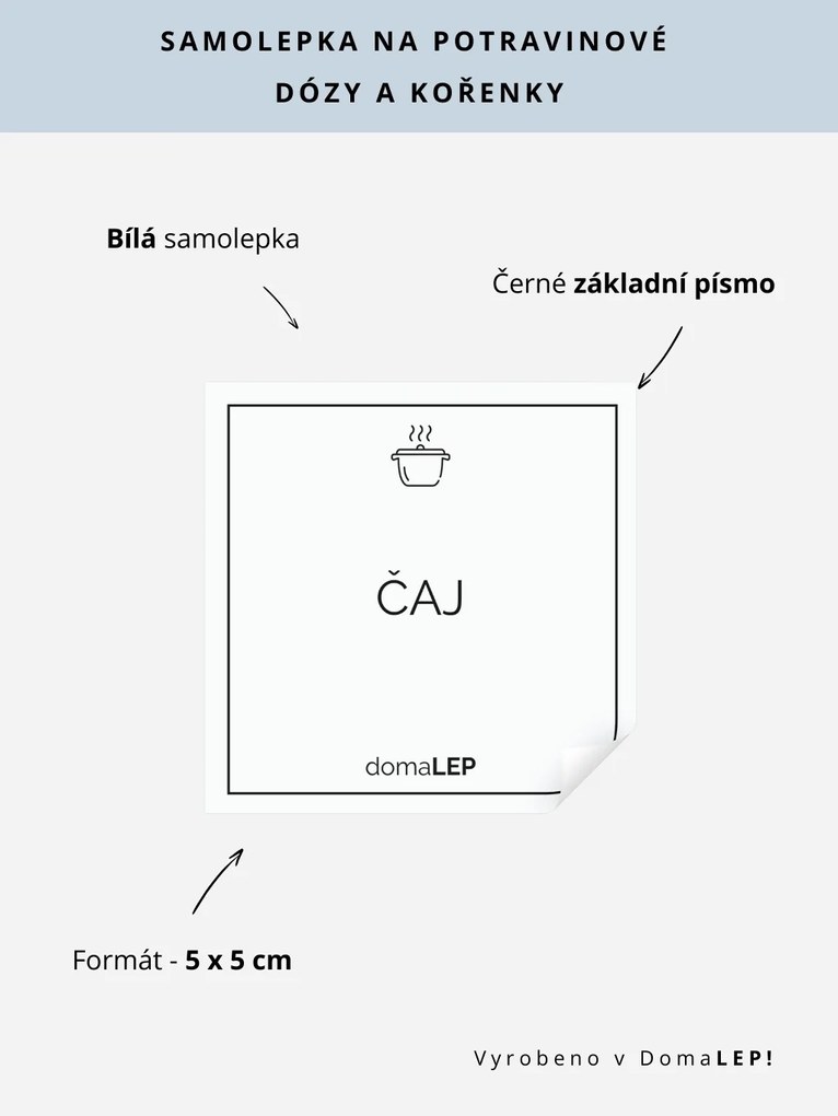 ČAJ – bílá samolepka na dózu, základní písmo, 5 × 5 cm | DomaLEP