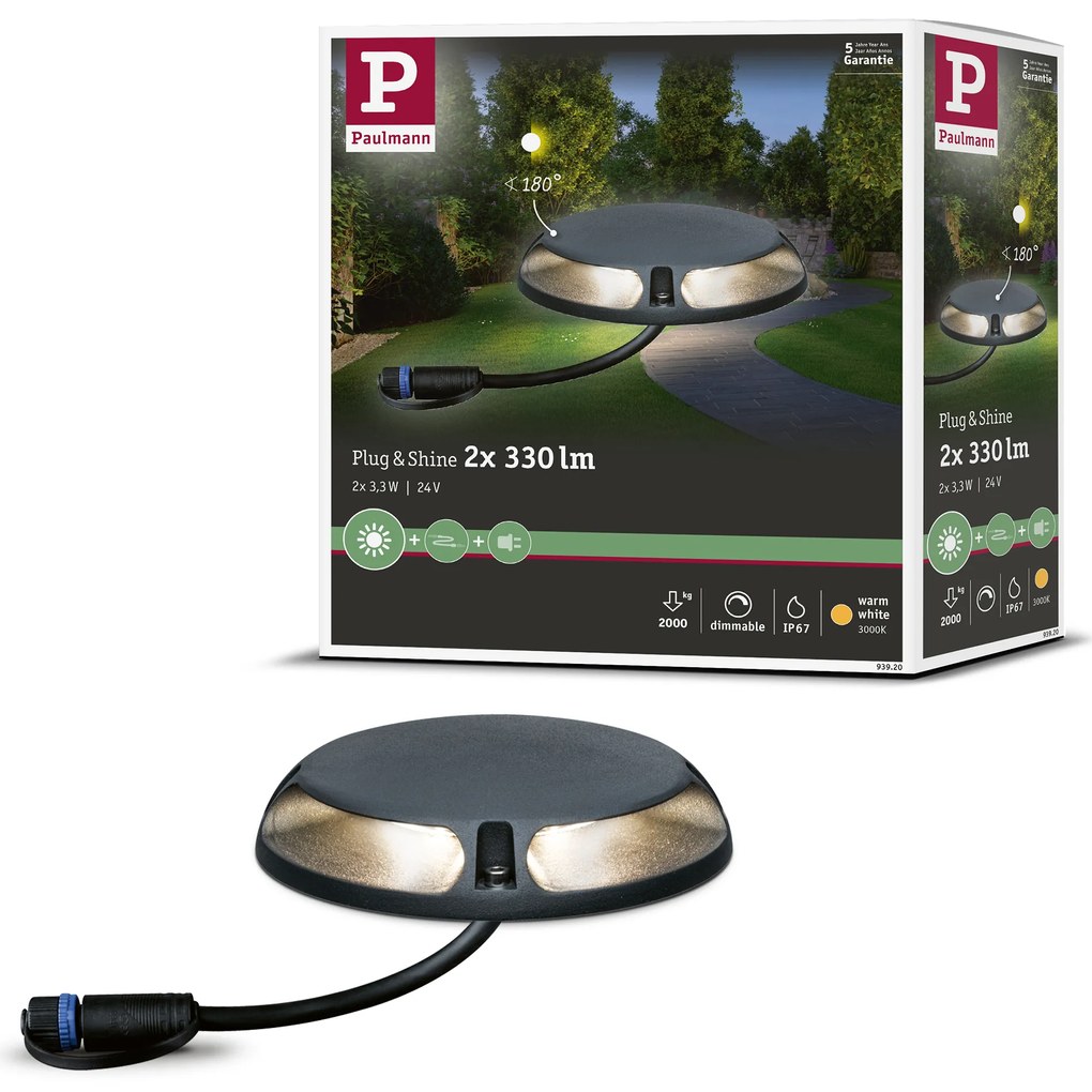 Paulmann 93920 Plug&Shine Shine, pojezdové svítidlo na podlahu, 2x3W LED 3000K, antracit, prům. 16cm, IP67