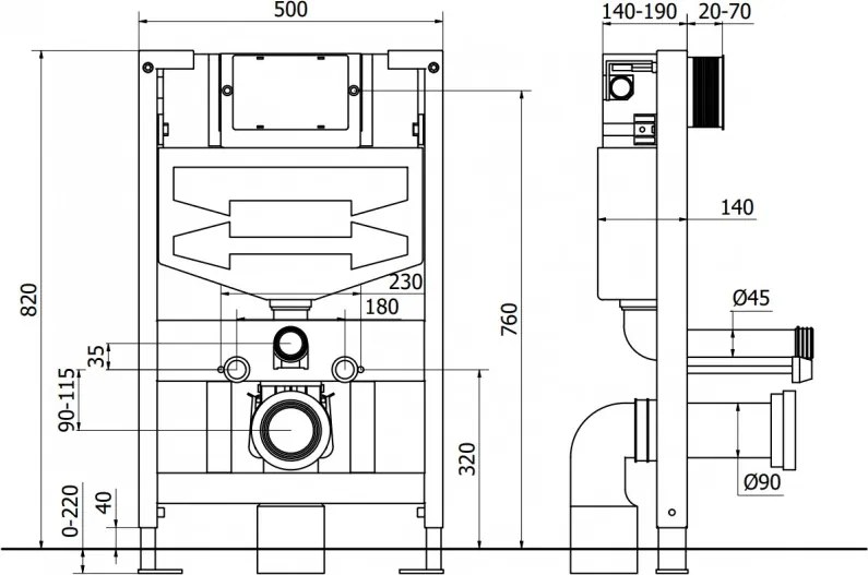 Mexen Fenix Air XS-F, snížený podomítkový modul s pneumatickým splachováním zepředu pro závěsné WC h82 w50 cm, 6A800