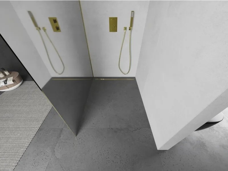Mexen Kioto L, sprchová zástěna Walk-In 110 x 200 cm, 8mm sklo vzor zrcadlo, zlatý lesklý profil, 800-110-103-50-50
