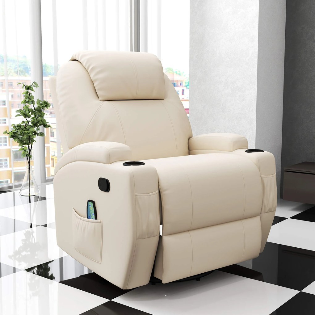 HOMCOM Relaxační křeslo s funkcí polohování, elektrické masážní křeslo, 5 masážních režimů, imitace kůže, krémově bílá, 84x92x109cm