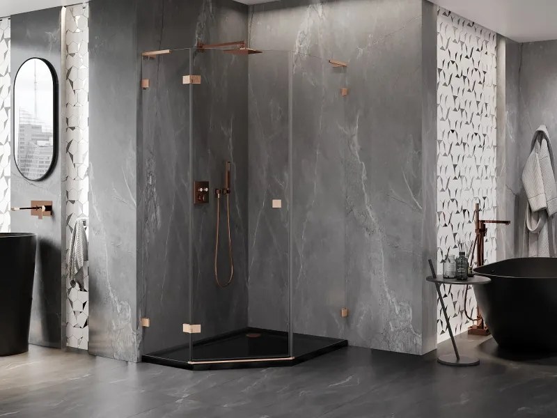 Mexen Lunar, L pětiúhelníkový sprchový kout naklápěcí doleva 80 x 100 cm, 8mm čiré sklo, profil měděná matná, 831L-080L-100P-65-00-L