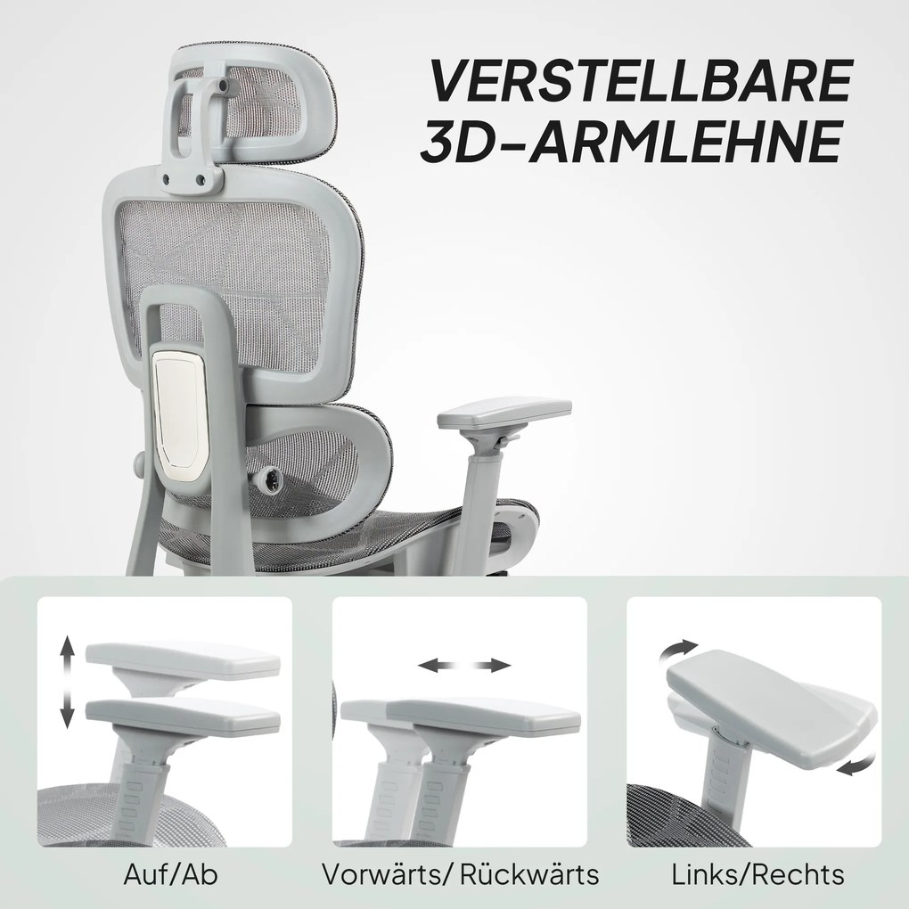 HOMCOM Kancelářská židle, ergonomická židle k psacímu stolu s potahem ze síťoviny, nastavitelná, na kolečkách, s opěrkami rukou, opěrkou hlavy, šedá