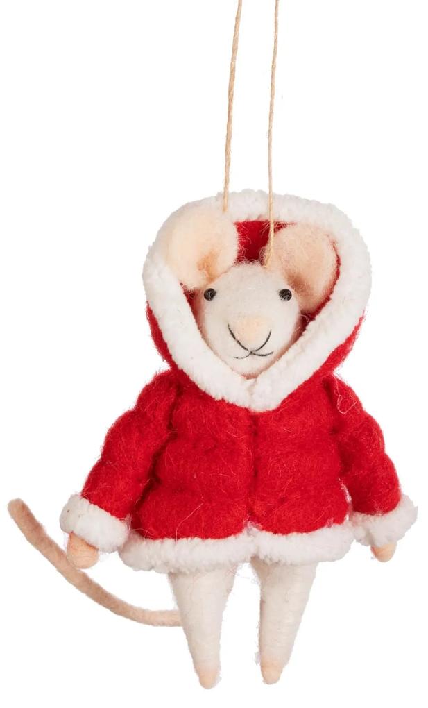 sass & belle Plstěná vánoční ozdoba Mouse in Puffer Jacket, červená barva, textil