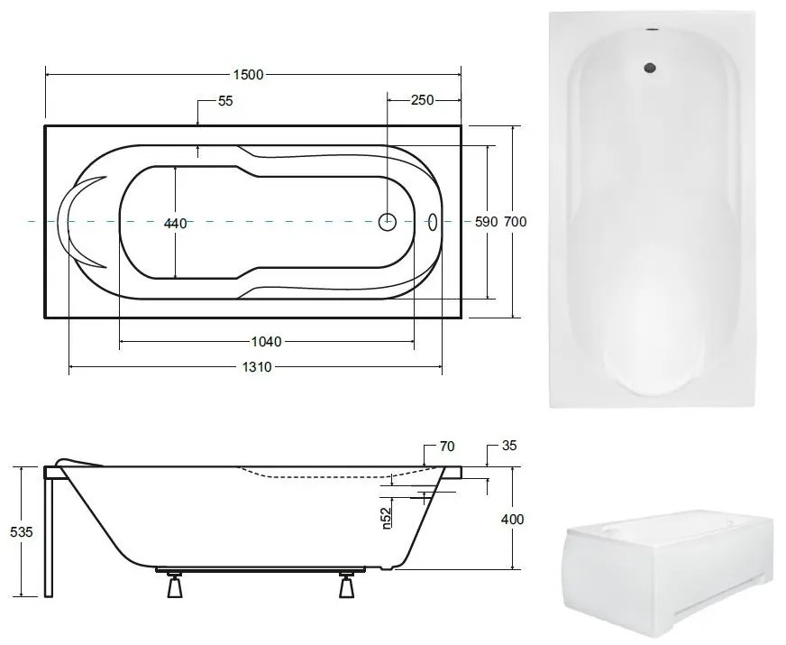 BESCO Obdélníková vana VINDOBONA Nožičky k vaně - Bez nožiček, Rozměr vany - 150 × 70 cm - OLVVIN15