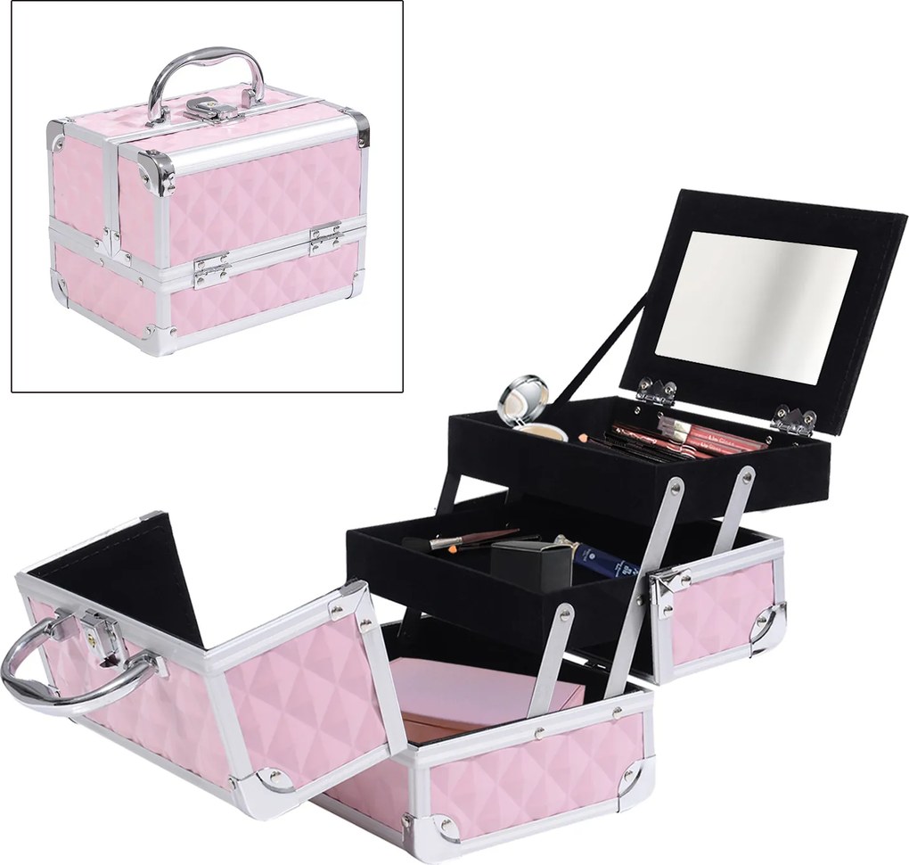 HOMCOM Profesionální Kosmetický Organizér na Make-up S Zrcadlem a Zámkem - Přenosná Taška na Make-up s Více Přihrádkami 20x15x15cm Hliníková