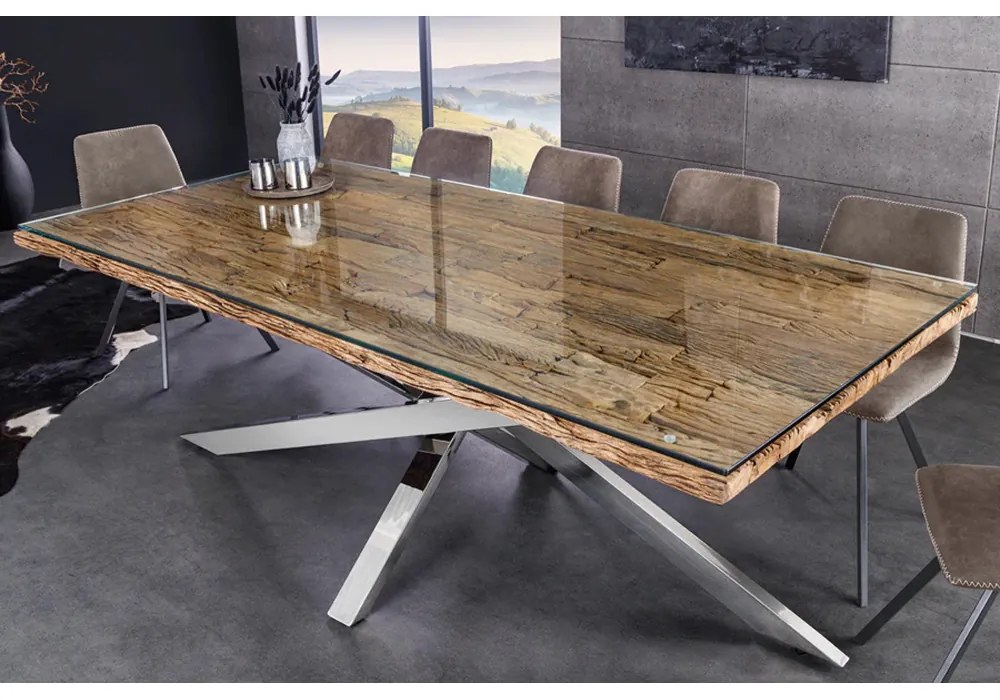 Massive home | Jídelní stůl BARRACUDA 220 CM sklo/masiv teak