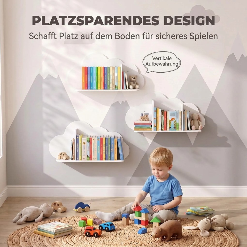 AIYAPLAY sada 3 nástěnných dětských regálů 60 cm, dětský knihovník ve tvaru oblaku, plovoucí knihovník Montessori pro 3–8 let, bílý