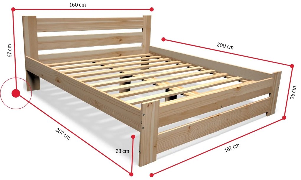 Expedo Postel z masivu STUDY + rošt ZDARMA + pěnová matrace DE LUX 14 cm + rošt ZDARMA, 160x200cm, přírodní/nelak