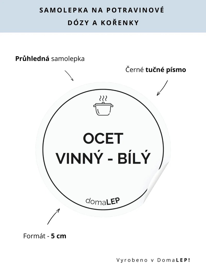 Samolepka na láhev OCET VINNÝ - BÍLÝ – průhledná, 5 cm, tučné písmo