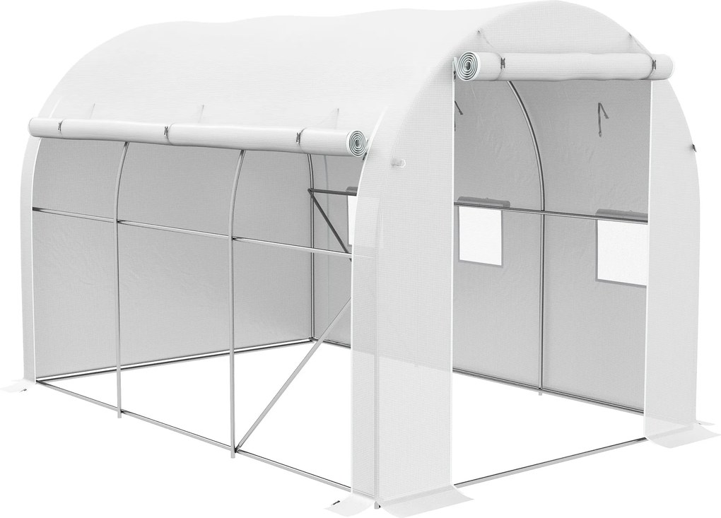 Zahradní skleník Outsunny 6 m² 3 x 2 m s 1 dveřmi + 2 rolovacími bočními stěnami, 6 okny, pozinkovaná ocel, PE vysoká hustota 140 g/m² Anti-UV bílá