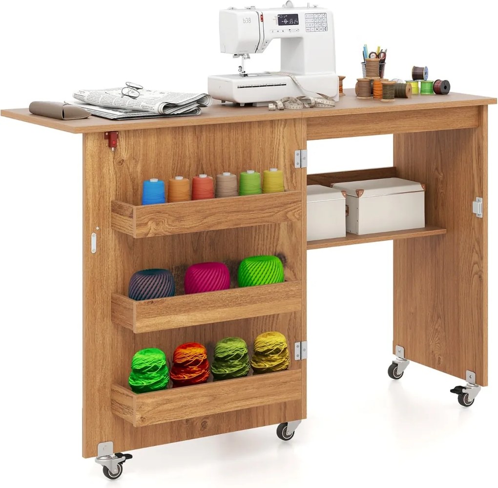 Costway Pojízdný skládací šicí stolek s úložnými boxy, přírodní