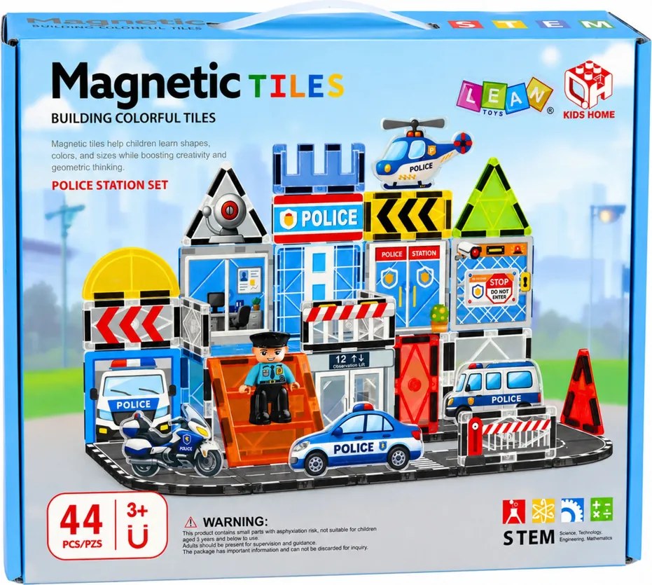 LEAN Toys Magnetické stavební kostky – Policejní základna, vozidla, policista, 44 dílů