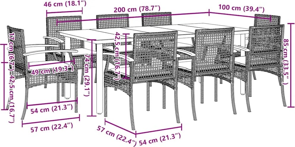9dílný zahradní jídelní set s poduškami šedý polyratan 3213623