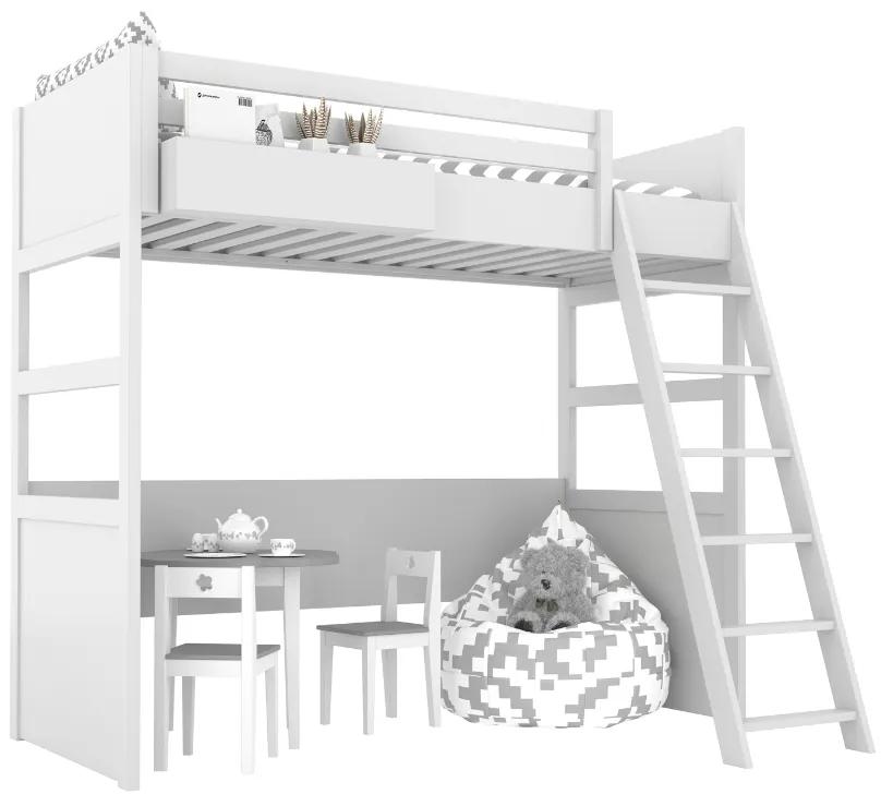 BAMI Bílá vyvýšená postel SIMONE se žebříkem a policí 90x200 cm