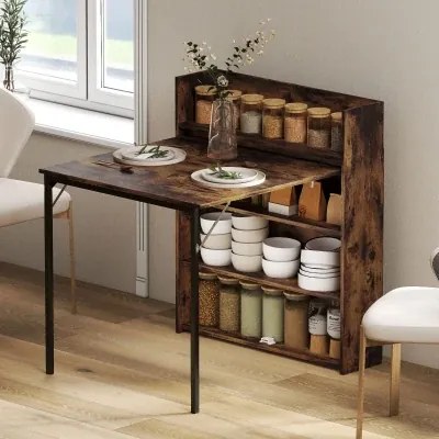 HOMCOM Skládací jídelní stůl s regálem, industriální design, úspora místa, pro malé prostory, 80x90x93cm, rustikální hnědá