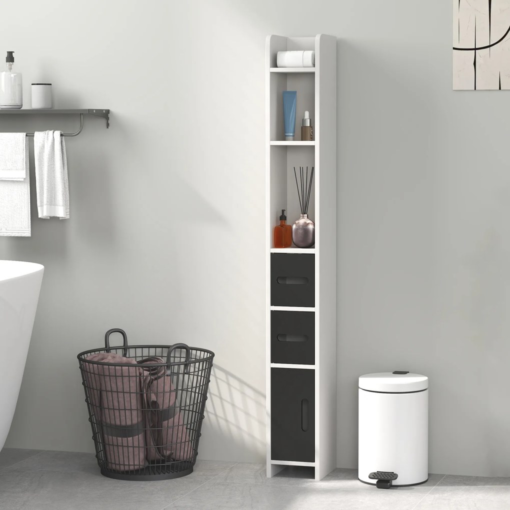 Kleankin koupelnová sloupcová skříň s 3 dvířky, 3 otevřenými policemi a proti-převrhovacím systémem, moderní styl, 15x17x120 cm, bílá a černá
