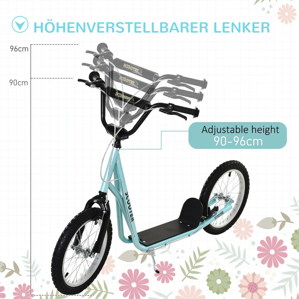HOMCOM Dětská koloběžka Scooter Skládací koloběžka s pneumatikami a ruční brzdou, městská koloběžka, dobrodružství pro děti od 5 let, 16 palců| Aosom