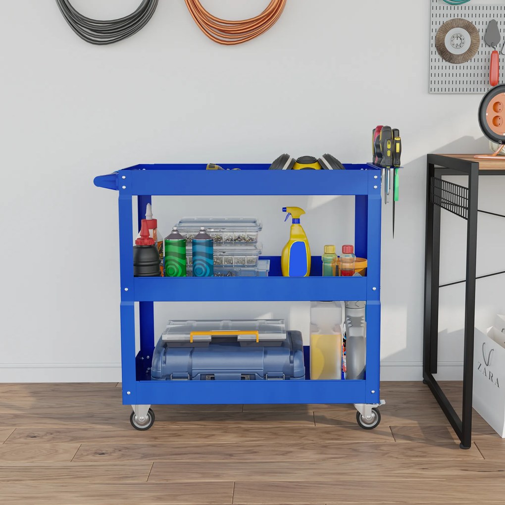 třípatrový vozík na nářadí, 4 kolečka, ocel, 83Š x 35,3D x 76V cm, modrý