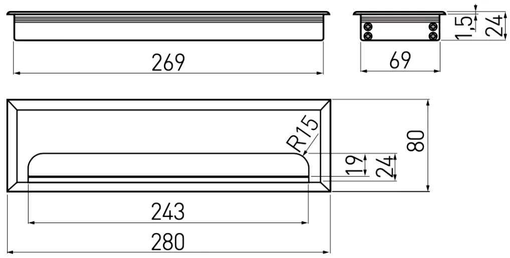 In-Design Průchodka kabelů MERI do stolu hranatá šířka 80 mm - různé délky hliník Délka průchodky (mm): 160