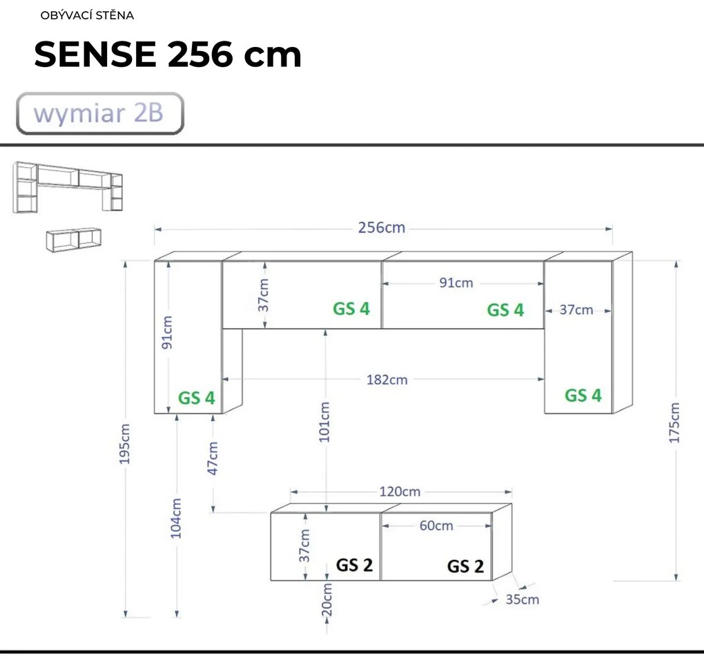 Ral Obývací stěna SENSE 256 cm - Bílý lesk