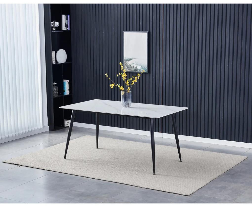 Stůl jídelní 160x90x76 cm, deska slinutý kámen v imitaci matného mramoru, černé kovové nohy