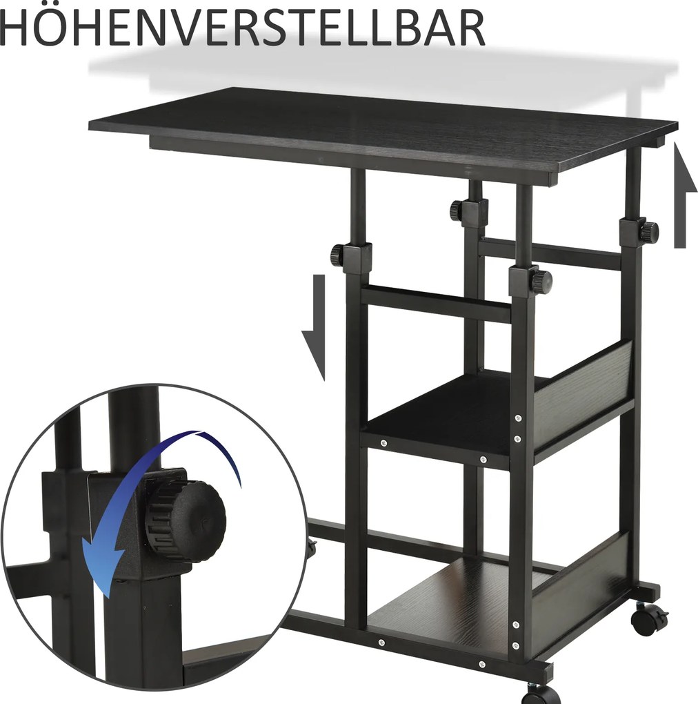 HOMCOM Stolek se Společkami 80x40 cm C-Formovaný Pohovkový Stolek s Nastavitelnou Výškou 3 Úrovně 72-82 cm Kovový Rám pro Obývací Pokoj a Kuchyni Čer…