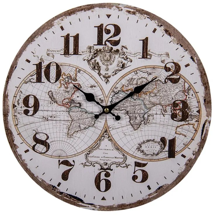 Nástěnné dřevěné hodiny s mapou světa 34 cm (Clayre &amp; Eef)