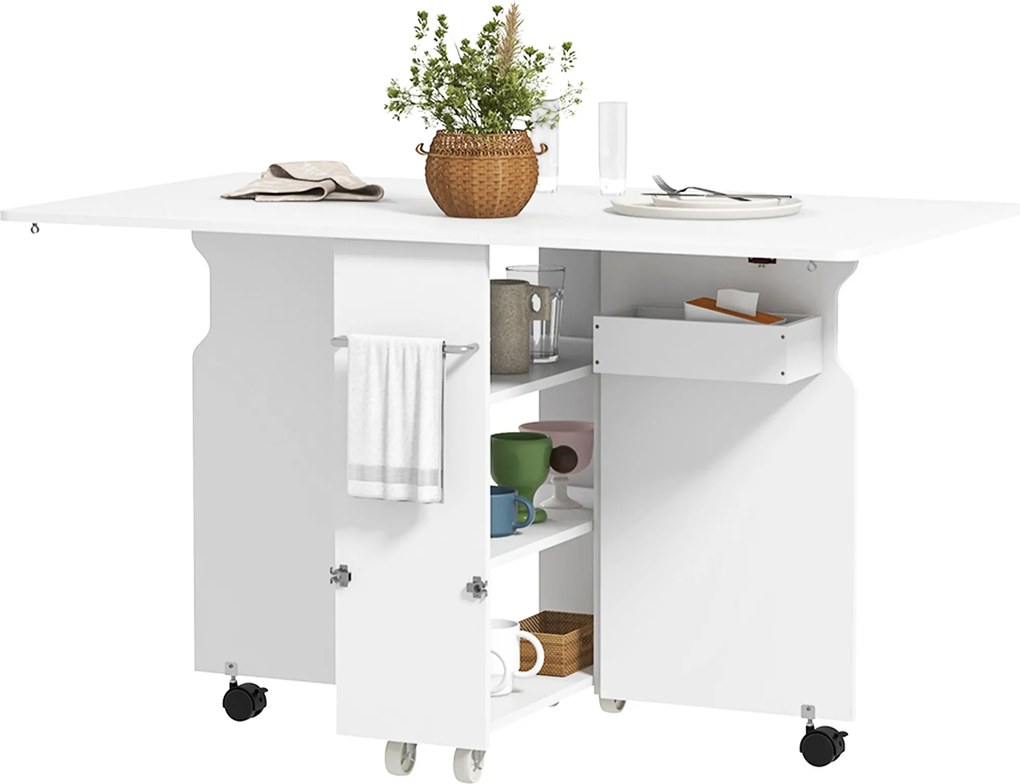 Skládací stůl HOMCOM s vyklápěcími deskami a 3 úrovněmi polic, úložná skříňka a kola, MDF, 130x80x76.5 cm, bílý | Aosom